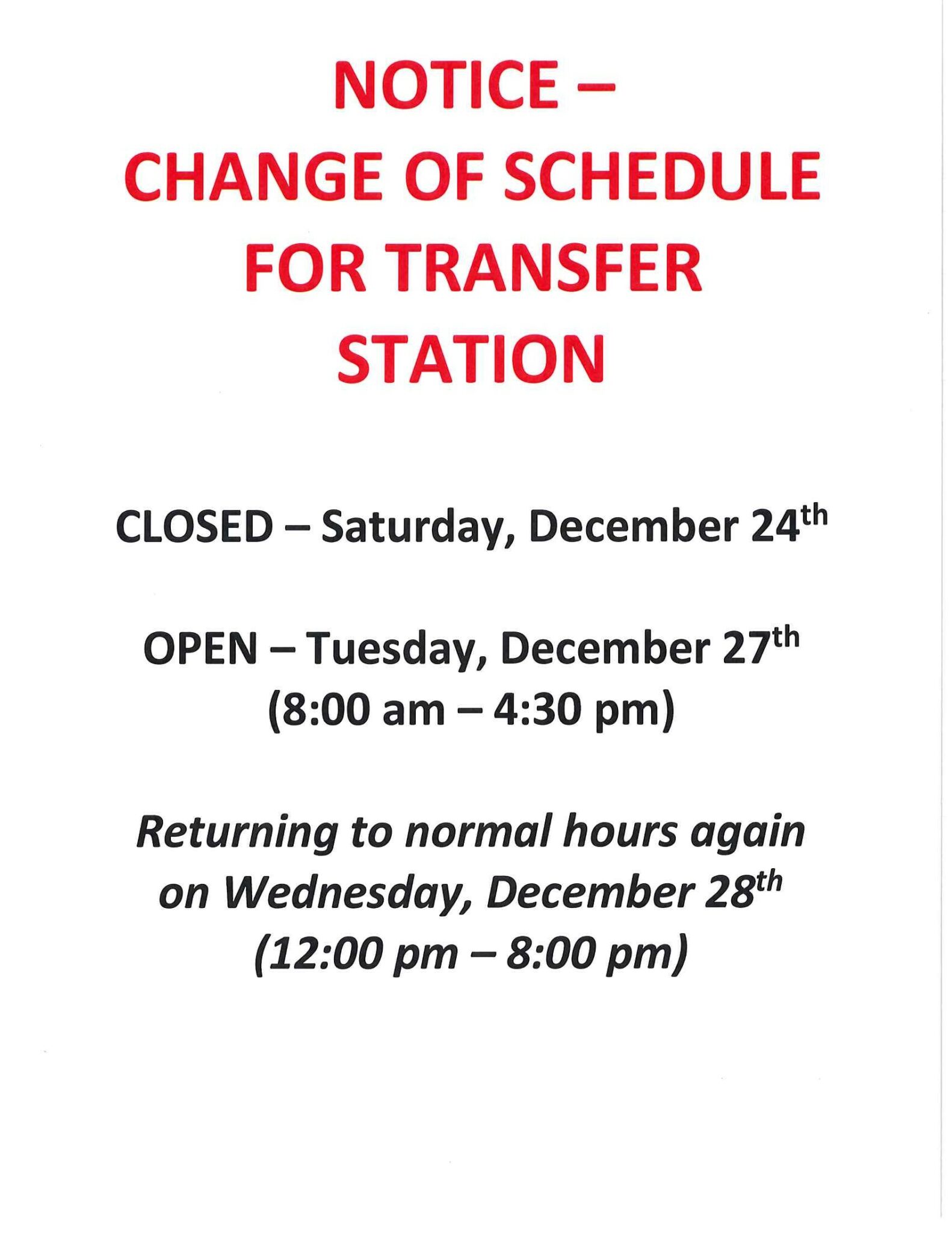 NOTICE – CHANGE OF SCHEDULE FOR TRANSFER STATION – City of Port Republic